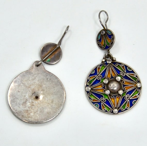 1970s Tribal Berber Tiznit Silver Enamel Earrings - Gem