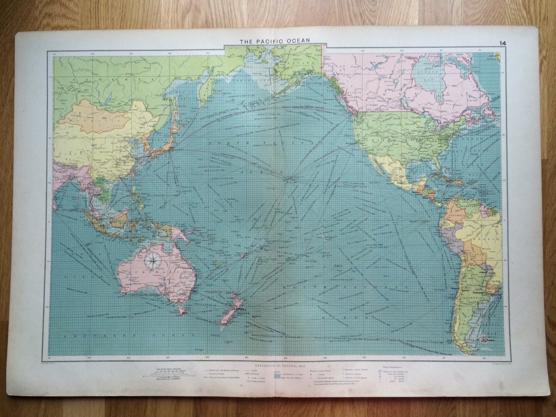 1920 The Pacific Ocean mercantile marine map - extra large original ...