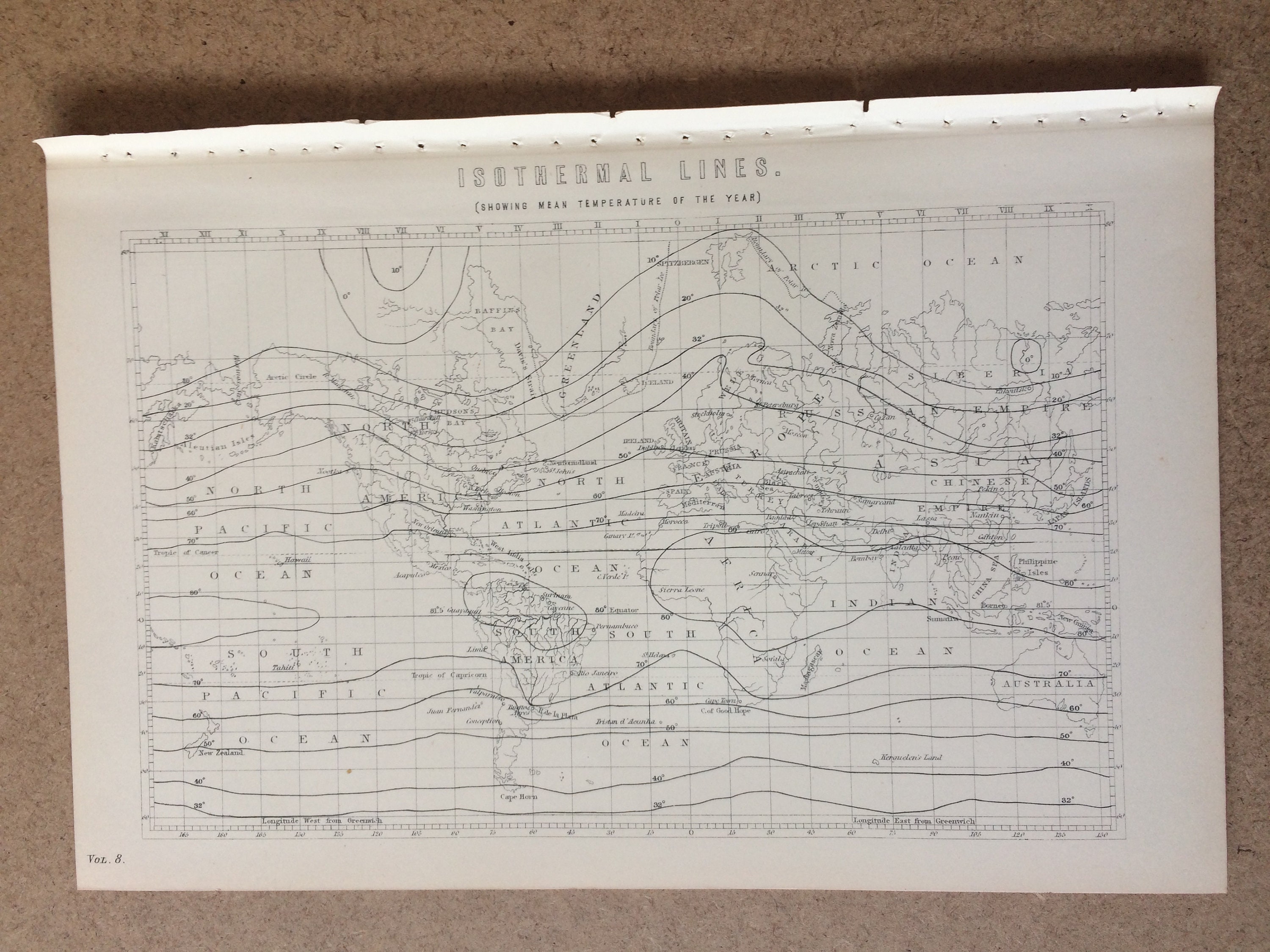 1891 Original Antique World Map showing Isothermal Lines - Steel ...