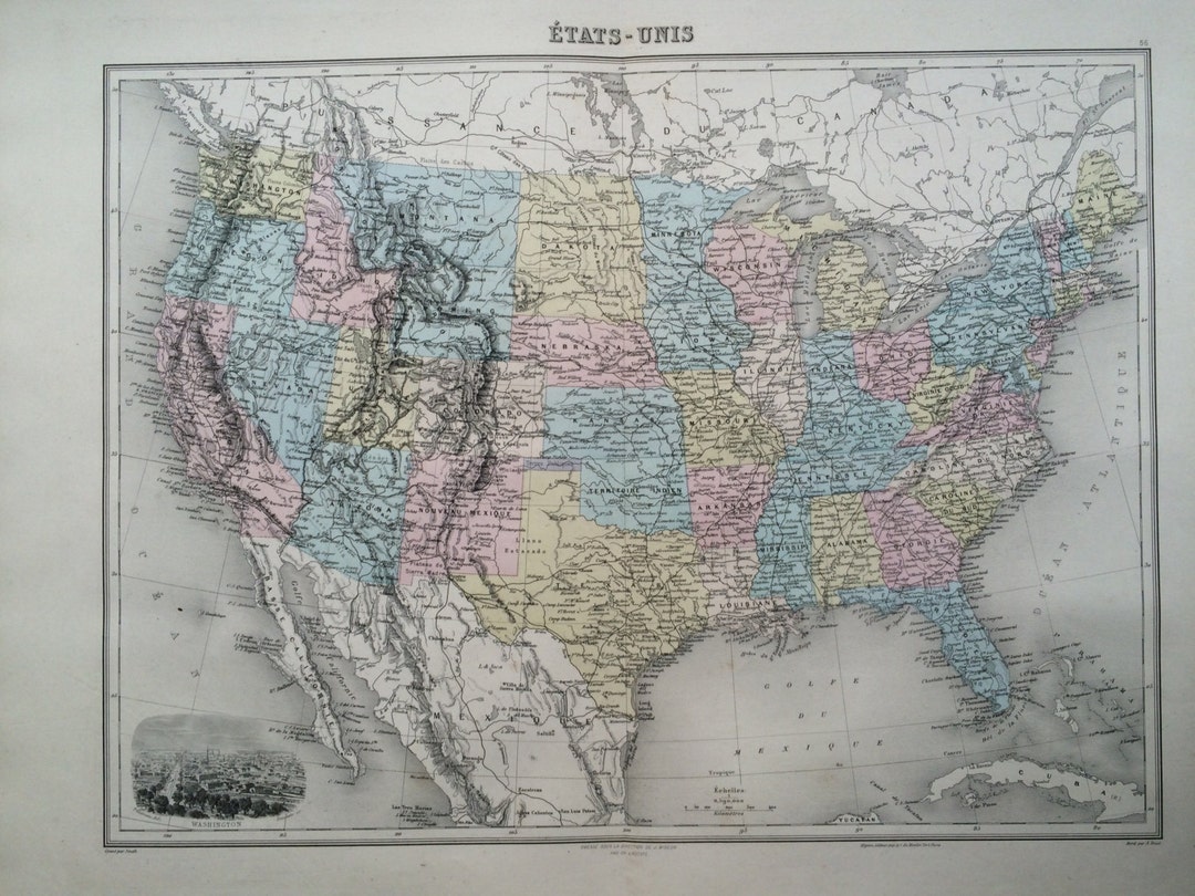 1892 United States of America Original Antique Map, Nouvel Atlas ...