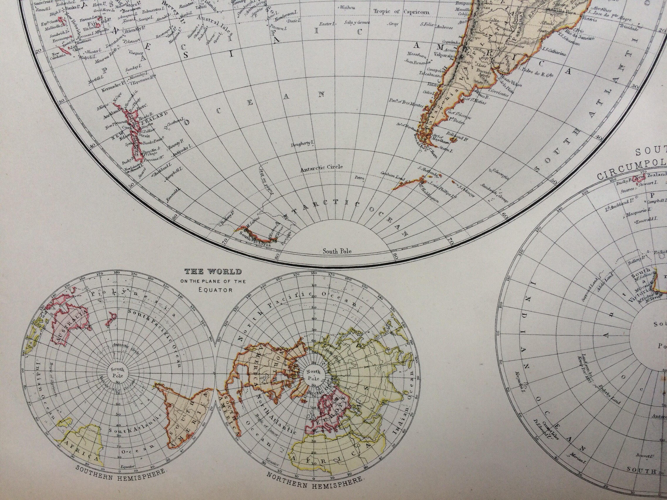 1882 The World in Hemispheres on various projections Large Original ...