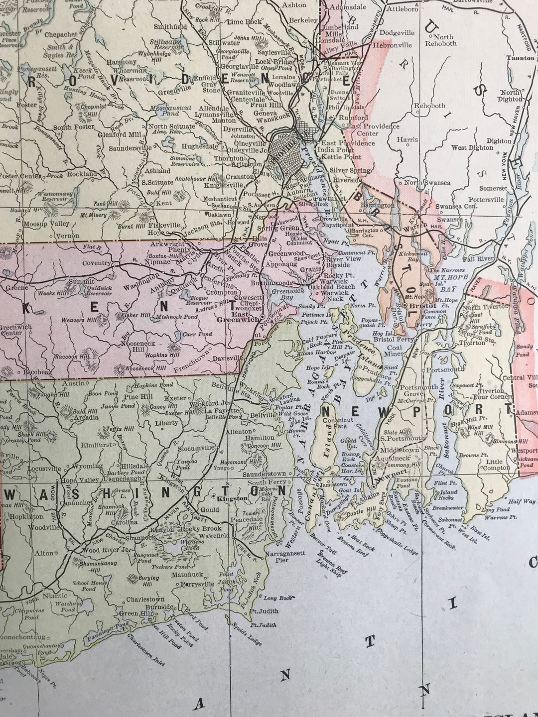 1901 Rhode Island Original Antique Map Mapa del Estado RI - Etsy España