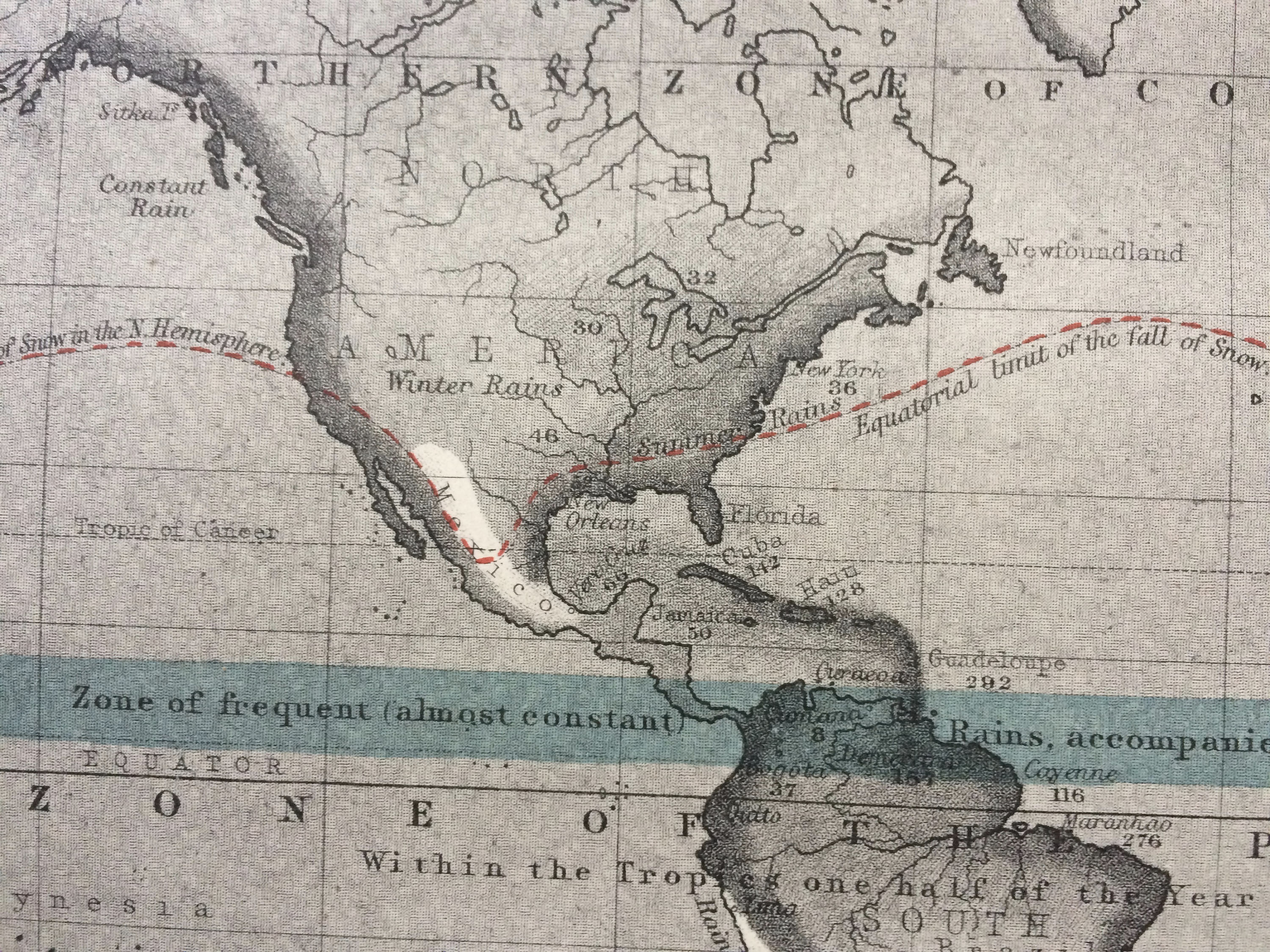 1873 Original Antique World Map showing the distribution of rain and ...