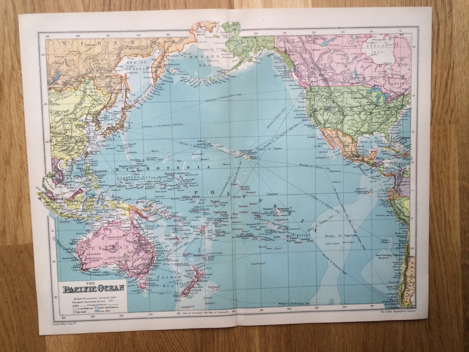 THE PACIFIC OCEAN Original Antique Map c.1910, 10.5 x 13.5 inches ...