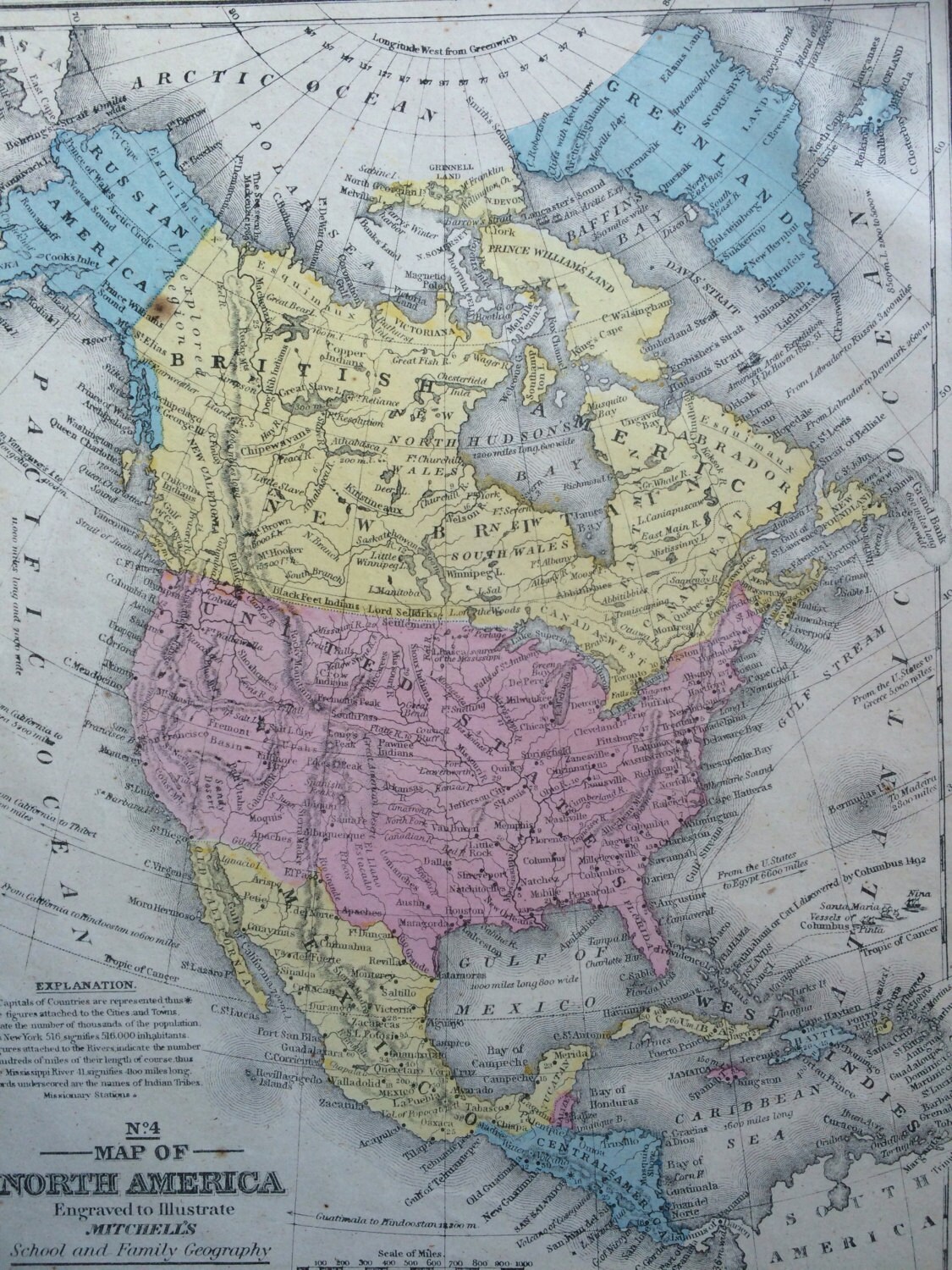 1855 NORTH AMERICA Original Antique hand coloured Map with showing ...