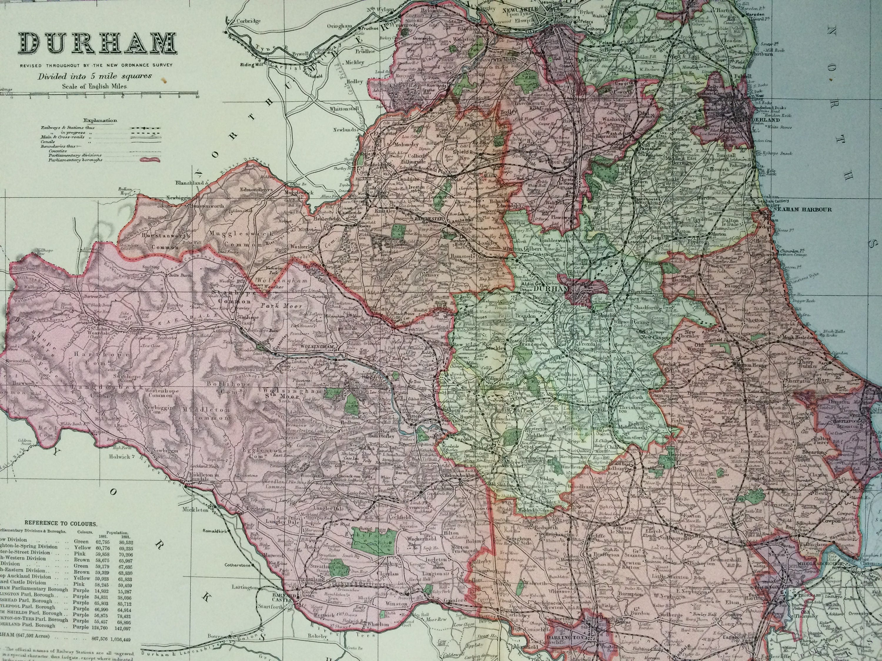 1896 Durham Large Original Antique Map showing railways, stations ...