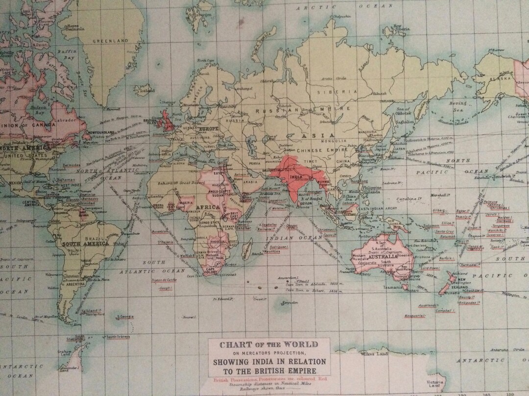 1908 Chart of the World on Mercator's Projection Showing - Etsy