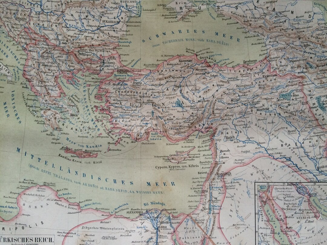 1878 Turkish Empire Original Antique Map Available Framed Ottoman ...