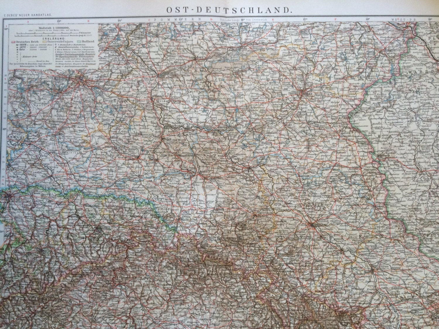 1914 EAST GERMANY Large Original Antique Map, 17 x 22 inches ...