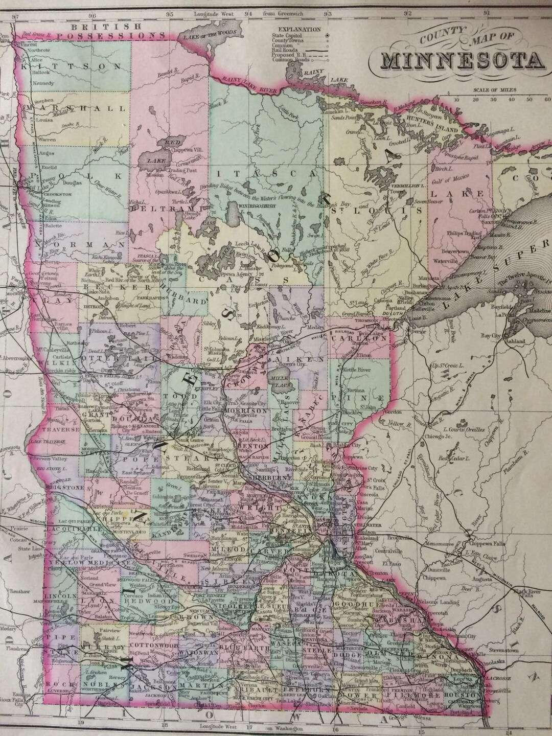 1888 MINNESOTA County Large Rare Original Antique Mitchell Map - US ...
