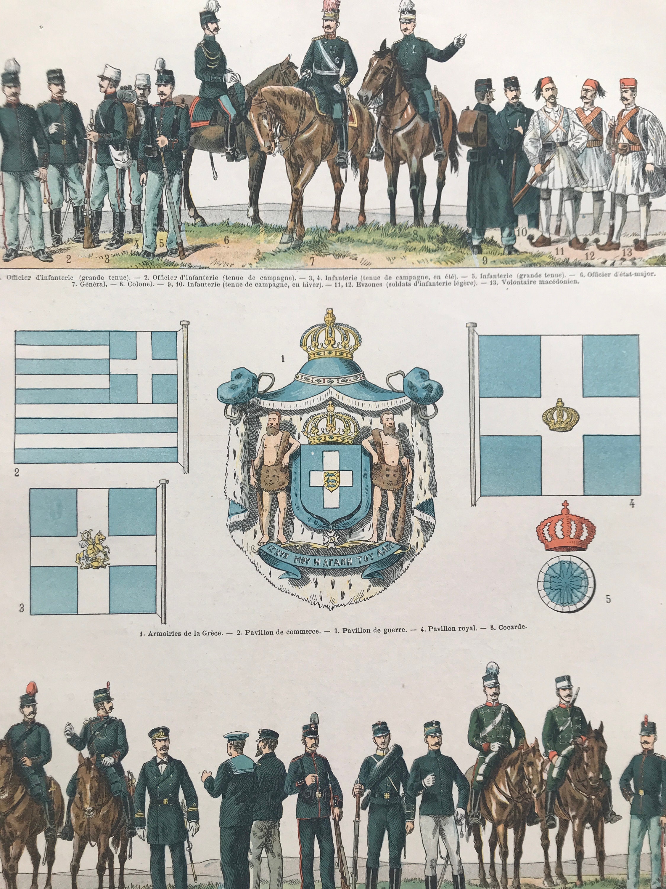 1897 Greece - Army and Flags Original Antique Print - Military Decor ...