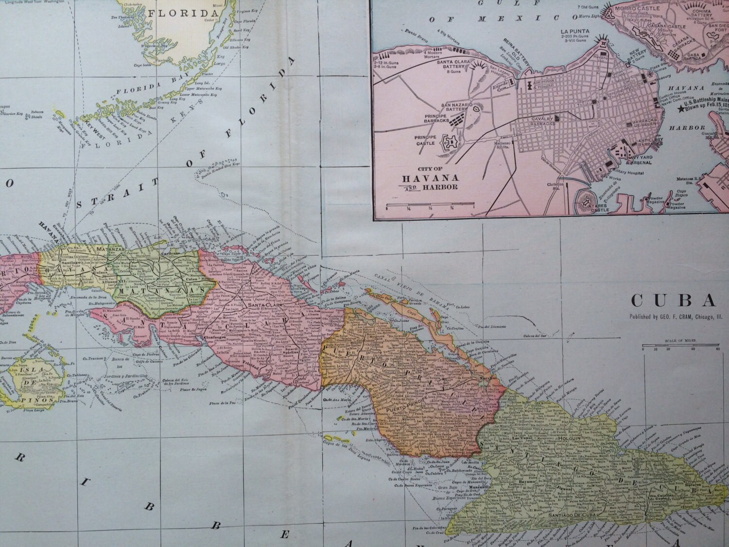 1901 CUBA Large Original Antique Map, 22.5 x 14.5 inches, Home Decor ...