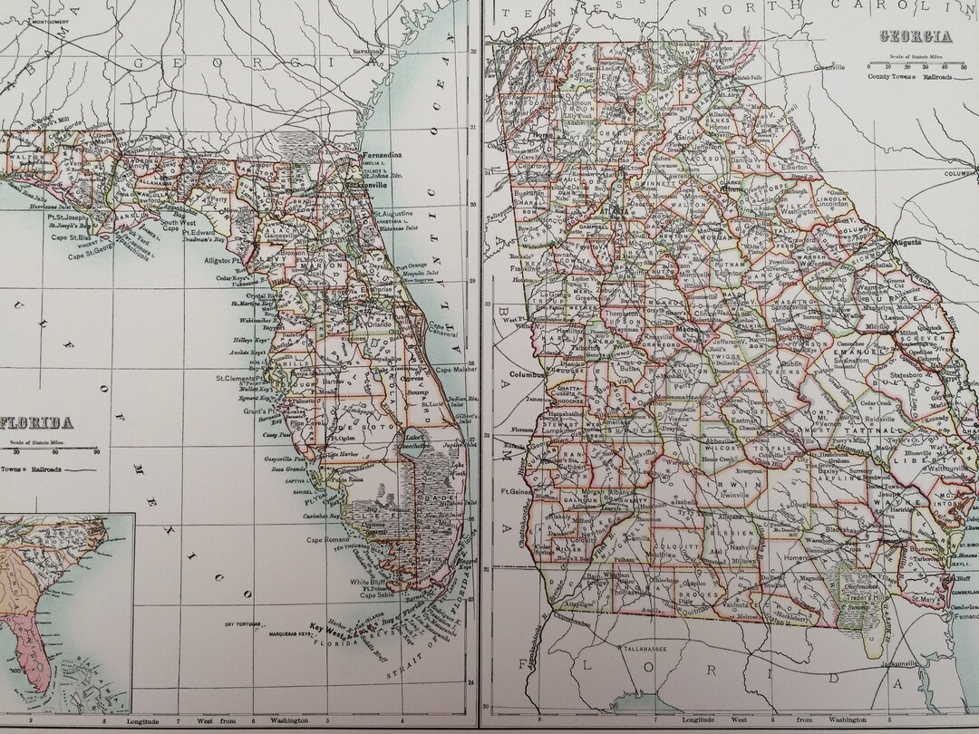 1898 Florida and Georgia Large Original Antique A & C Black Map ...