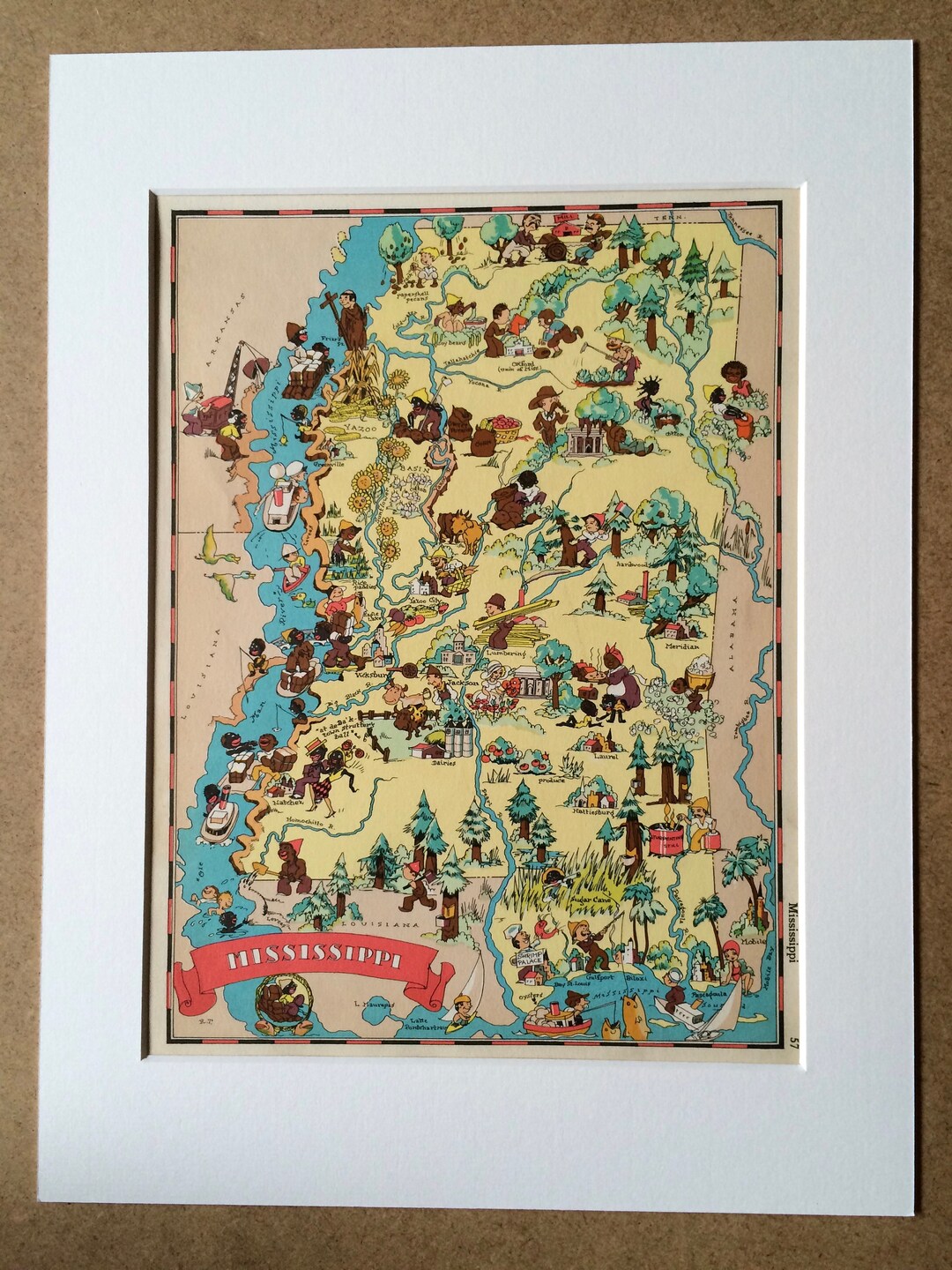 1935 Mississippii Original Vintage Cartoon Map - Ruth Taylor - Mounted ...