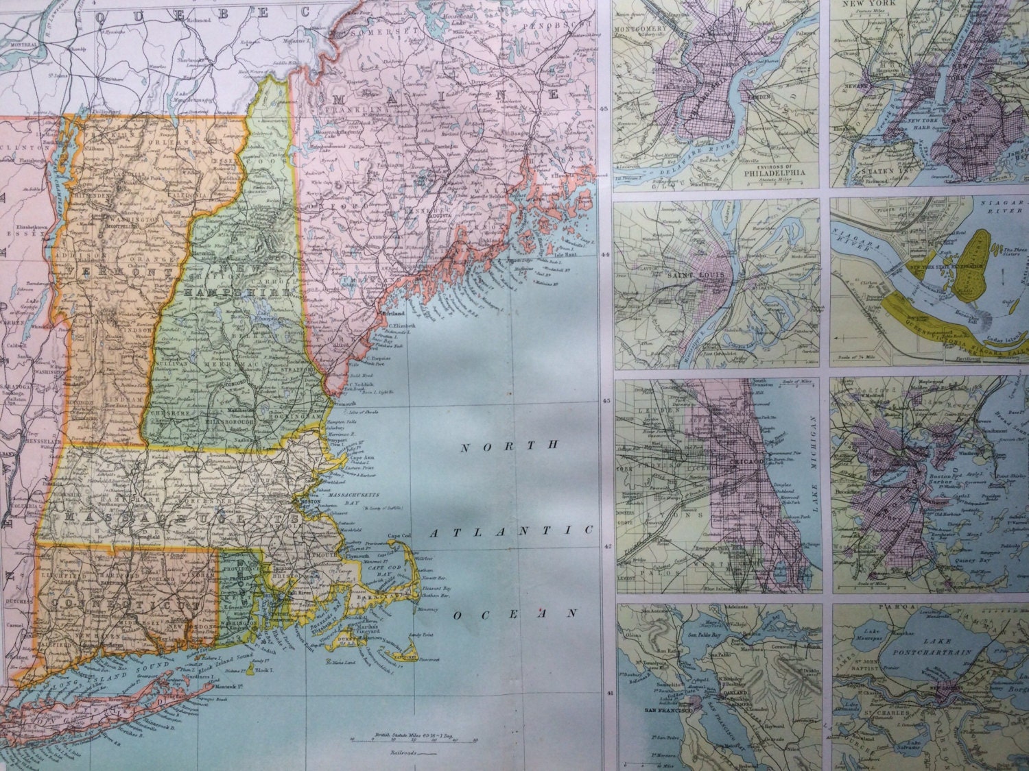 1898 NEW ENGLAND STATES Large Original Antique Map with inset maps of ...