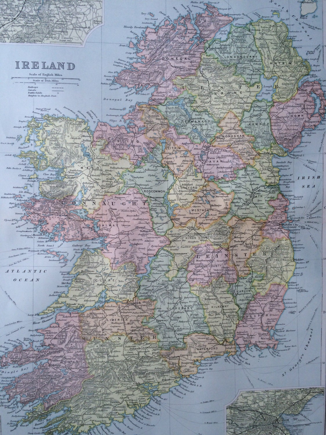 1898 IRELAND large original antique map, 21.5 x 13.5 inches, historical ...