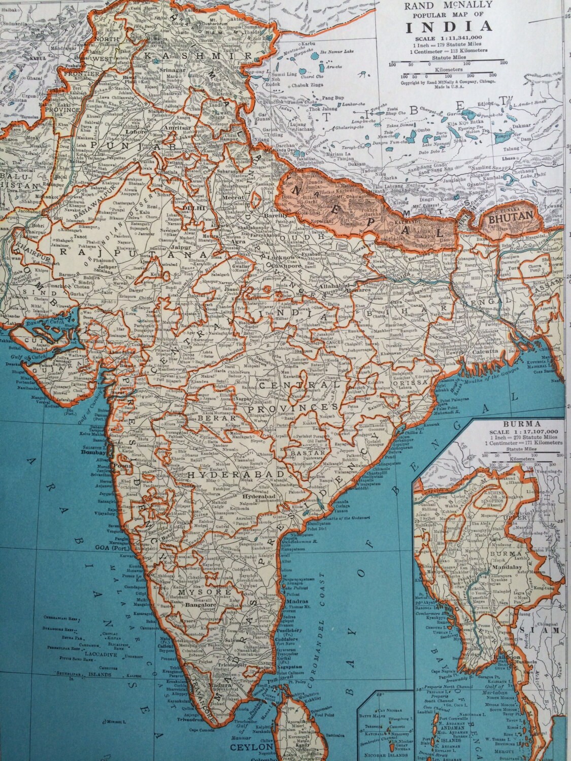 1937 INDIA Original Vintage Map, 11 x 14 inches, Rand McNally, Home ...