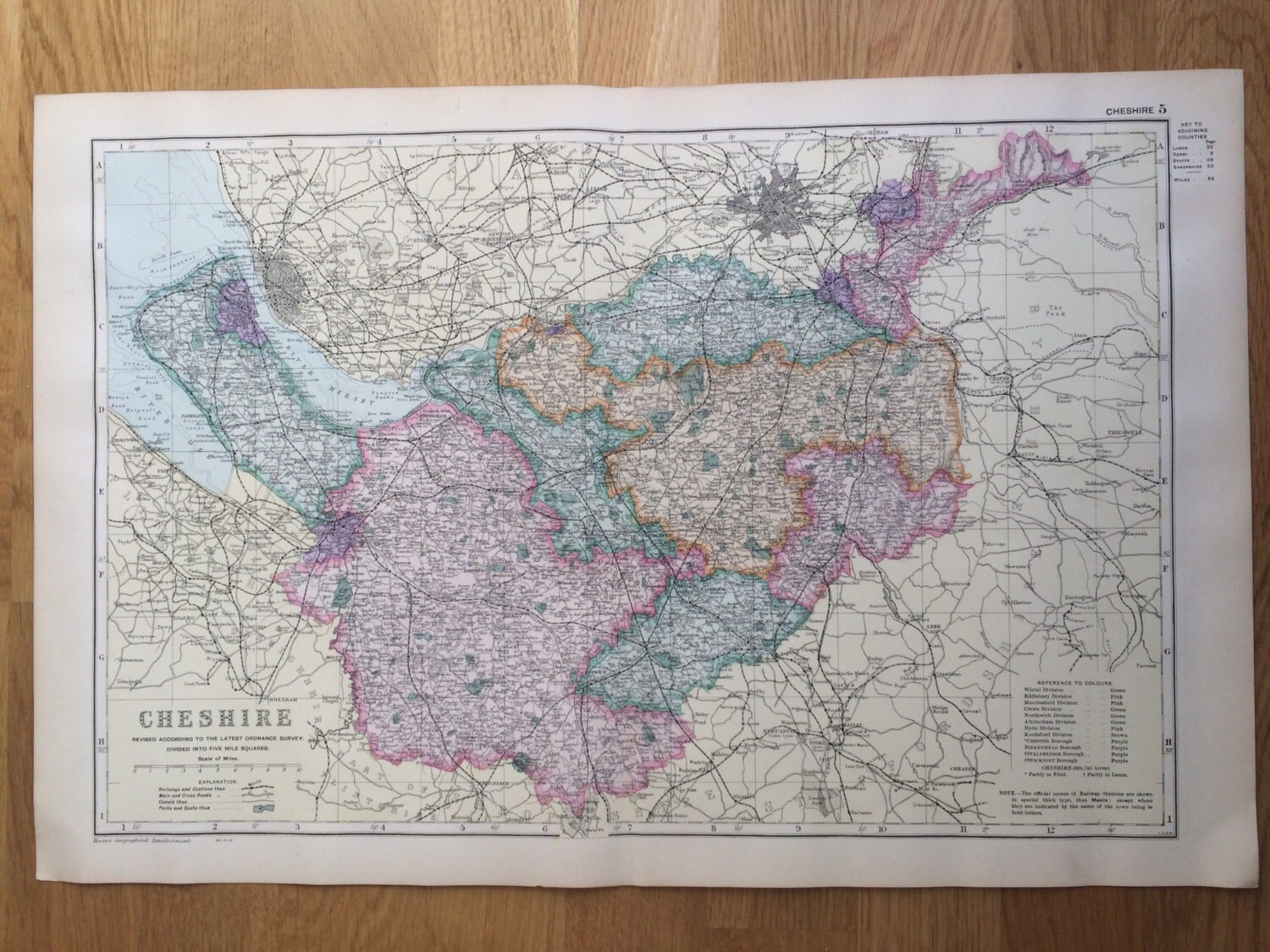 1907 CHESHIRE large original antique map, 20.5 x 13.5 inches ...