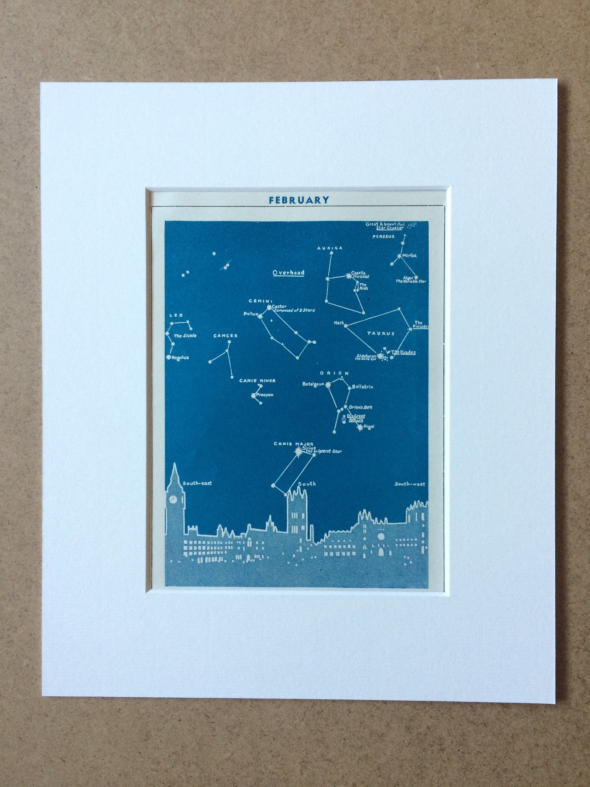 1940s February Star Map Original Vintage Print - Mounted and Matted ...