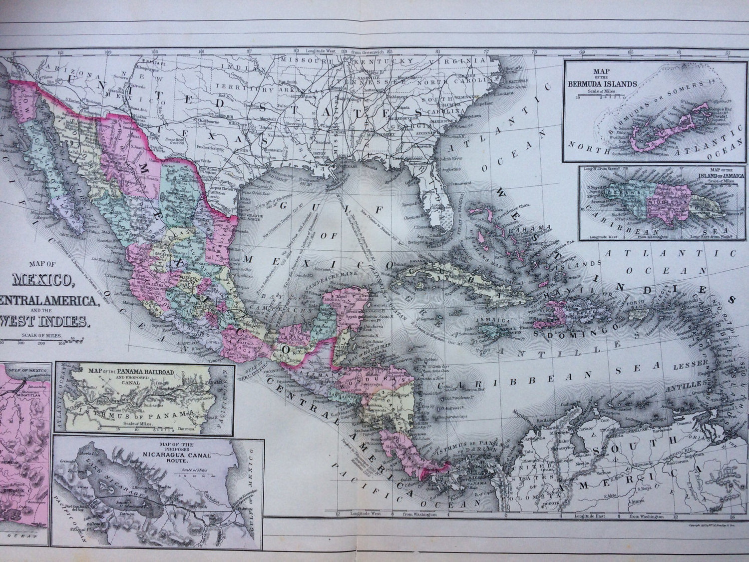 1888 Mexico, Central America & the West Indies large rare original ...