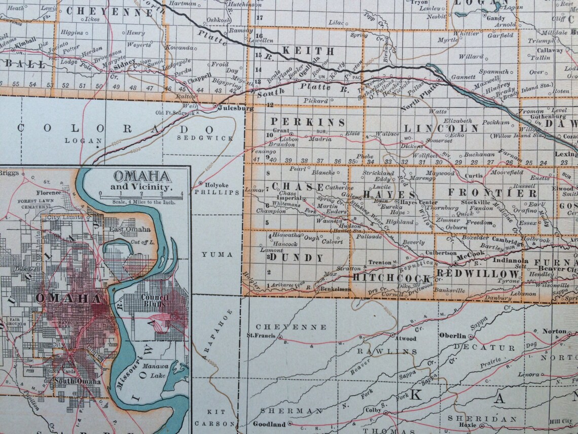 1903 NEBRASKA Original Large Antique Map Wall Map Home - Etsy