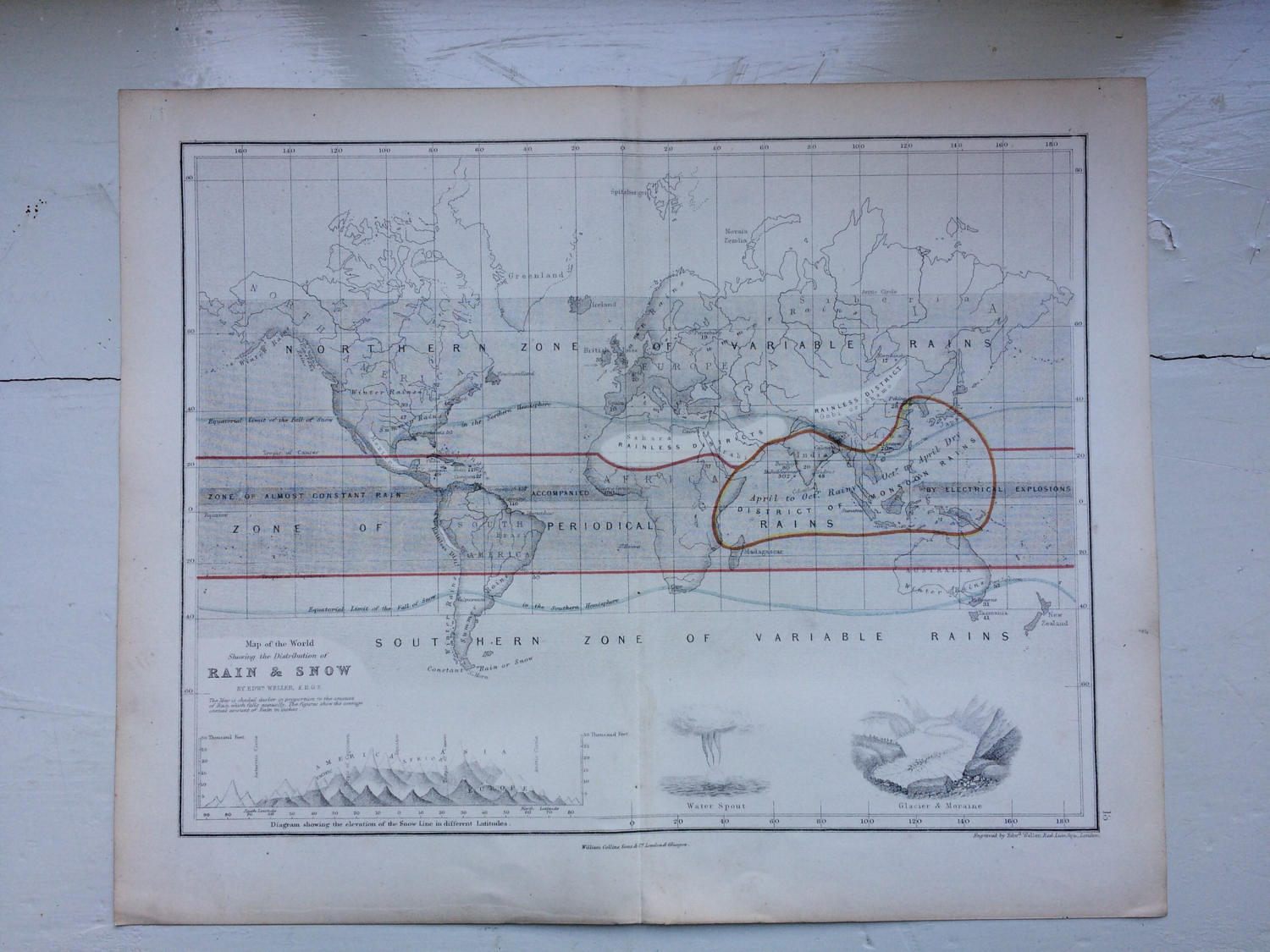 1871 Original Antique World Map showing the distribution of Rain and ...