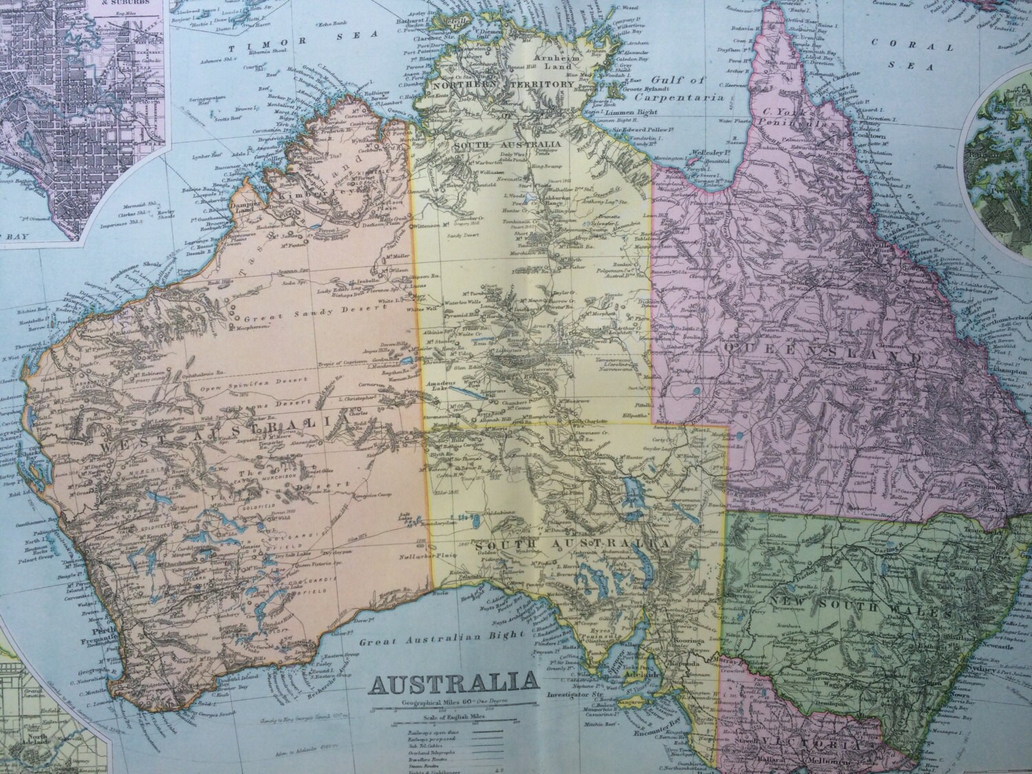 1907 AUSTRALIA large original antique map with inset map of Sydney and ...