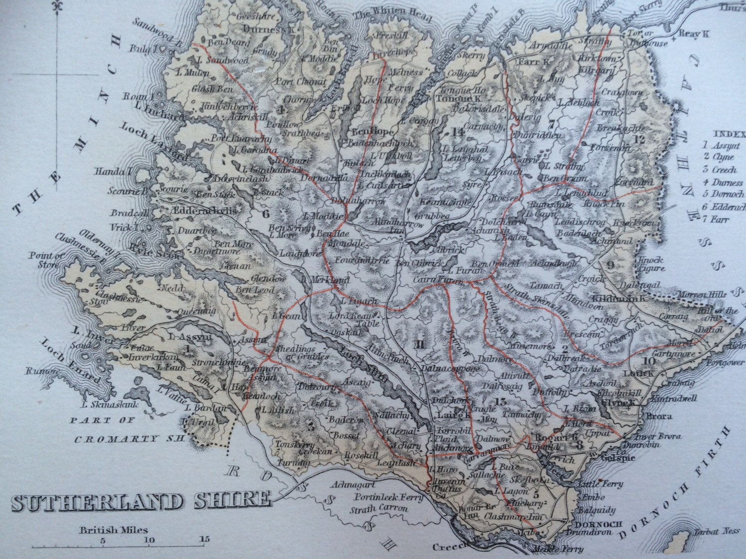 1870 Sutherlandshire original antique map showing railways, Sutherland ...