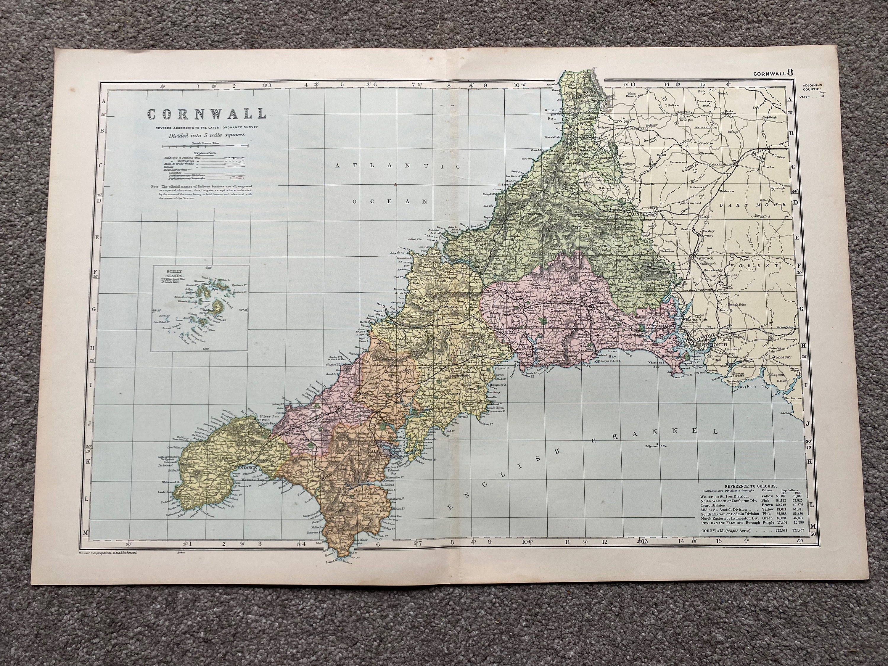 1902 Cornwall Original Antique Map showing Railways, Stations ...