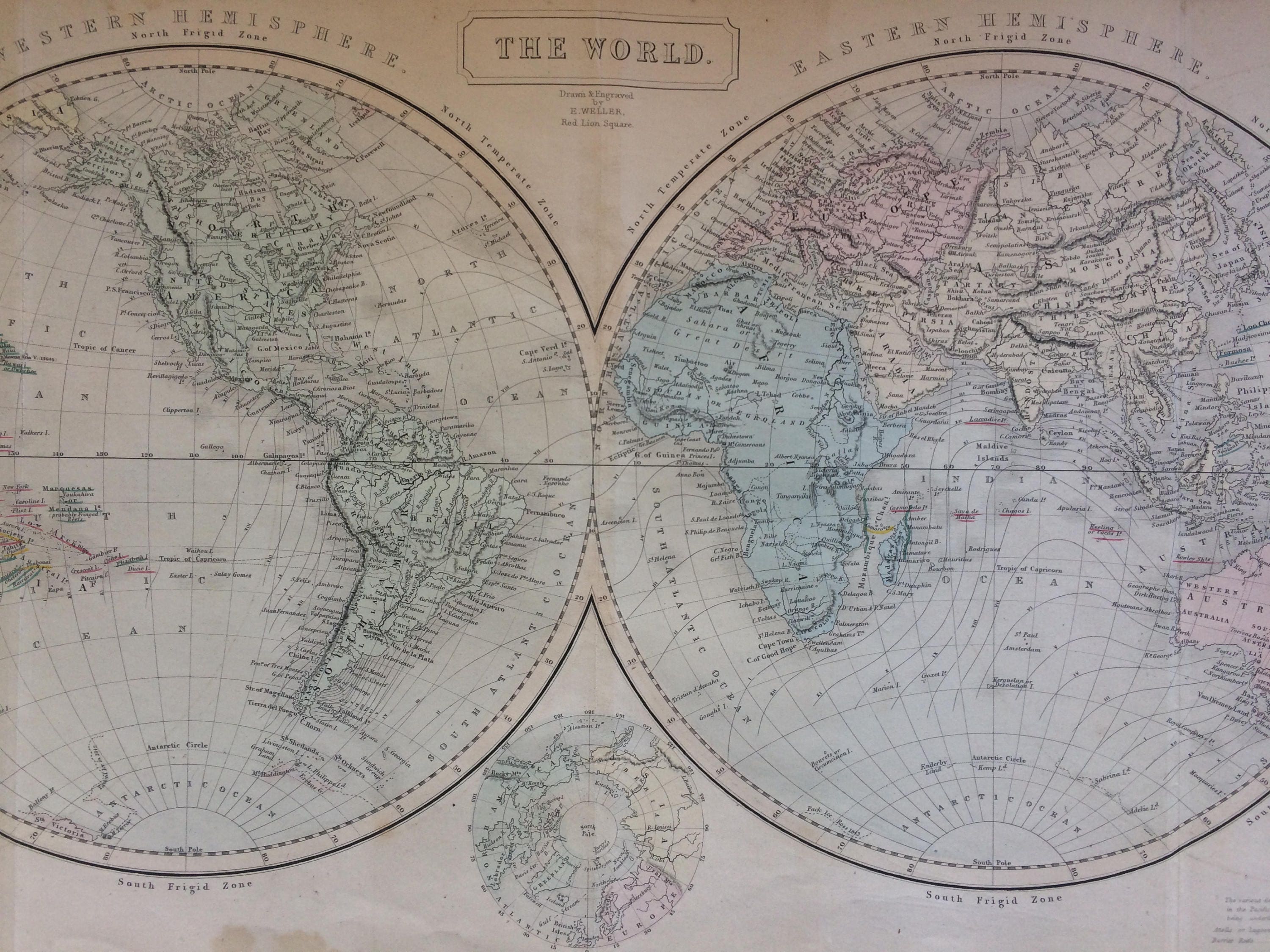 1870 Original Antique World Map showing Western and Eastern Hemispheres ...