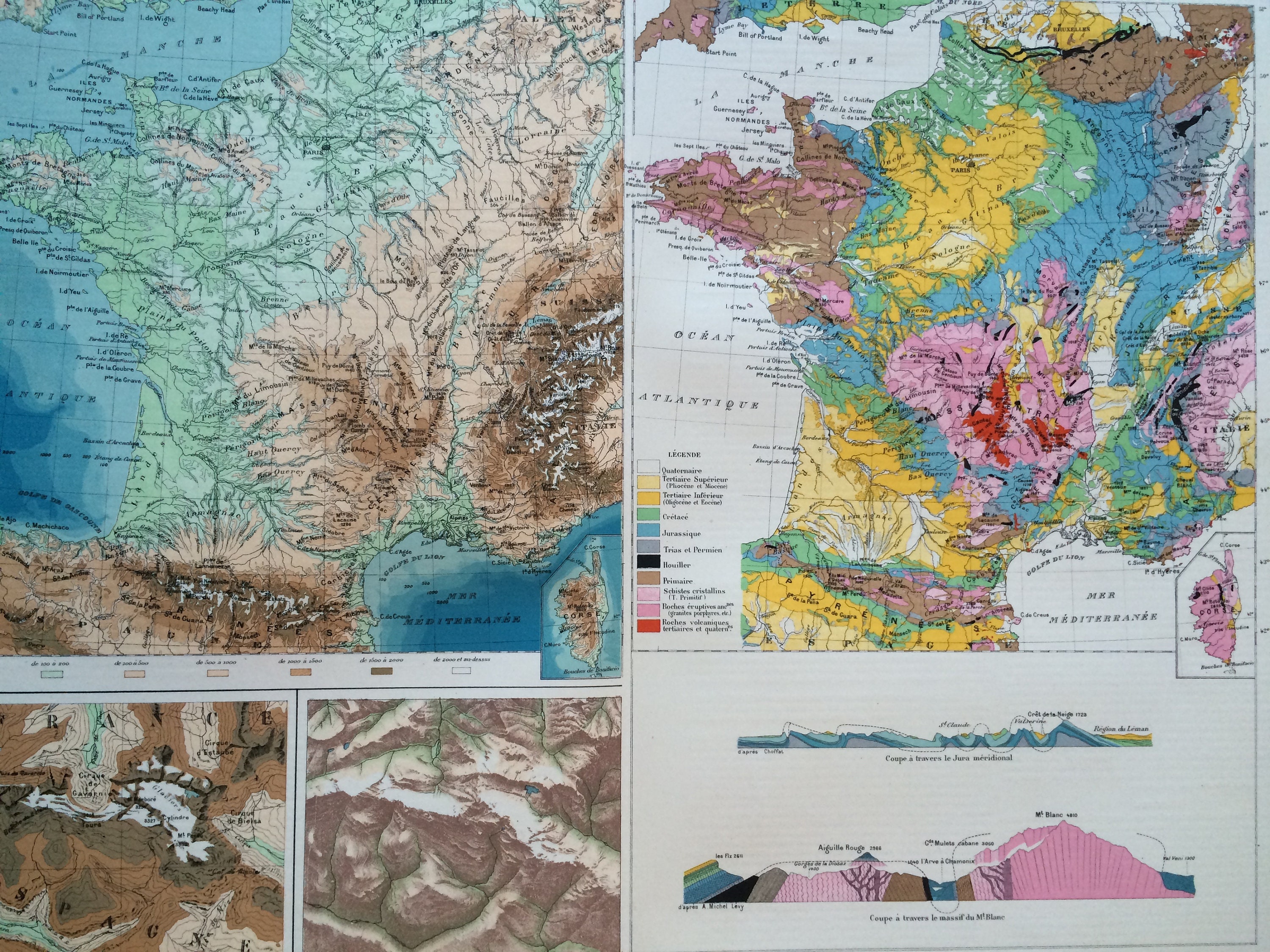 1892 France (Geological and Hypsometric) Large Original Antique Map ...
