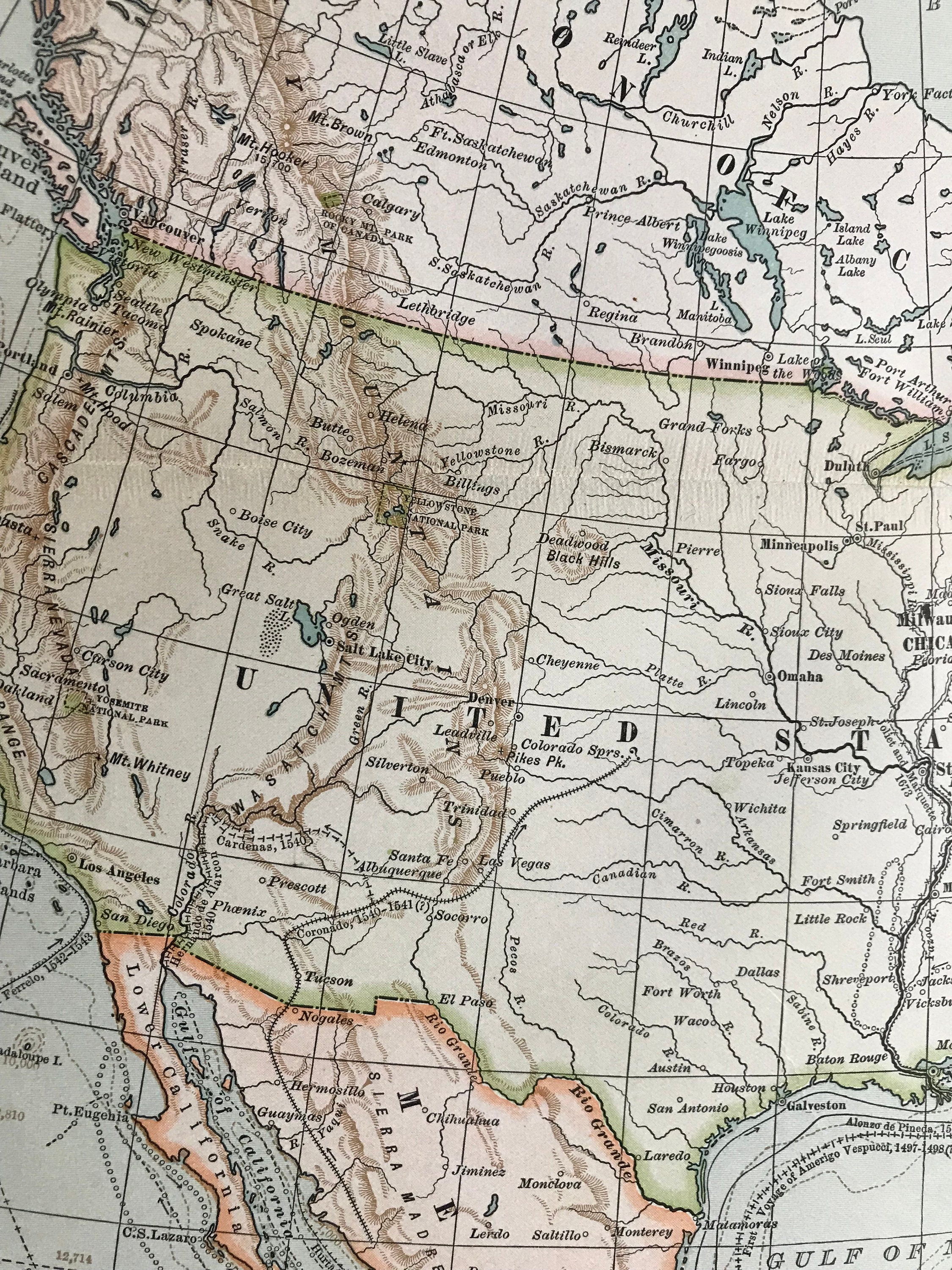 1903 North America Original Large Antique Map showing different ...