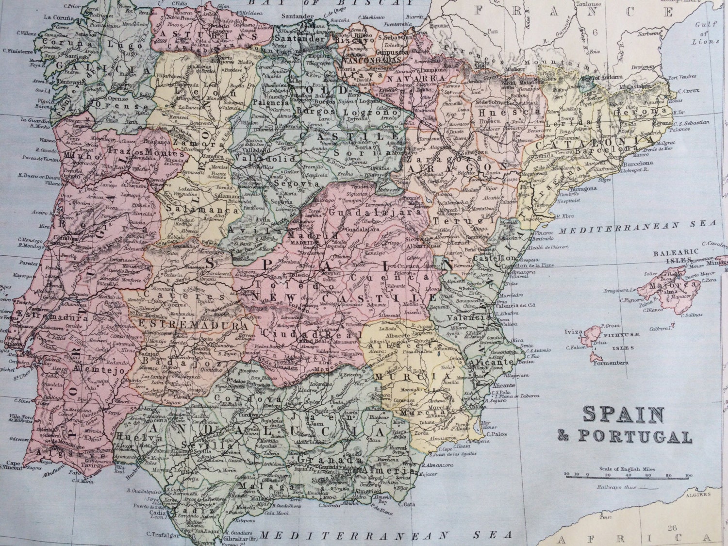 1890 SPAIN & PORTUGAL Original Antique Map, 11 x 14 inches, Johnston ...