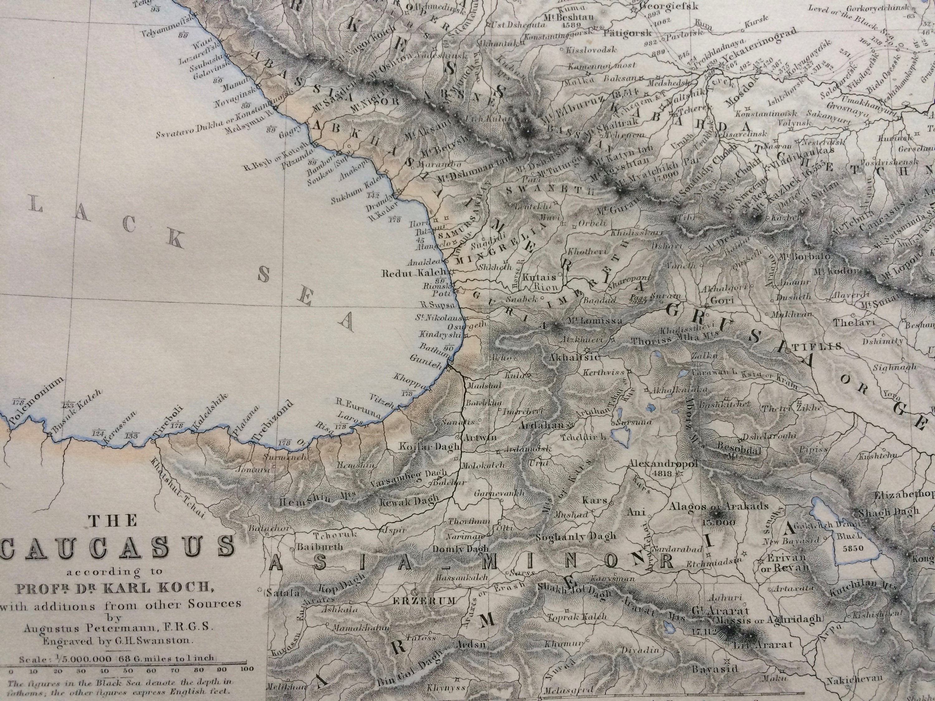 1871 The Caucasus Original Antique Map showing ruins and ancient sites ...