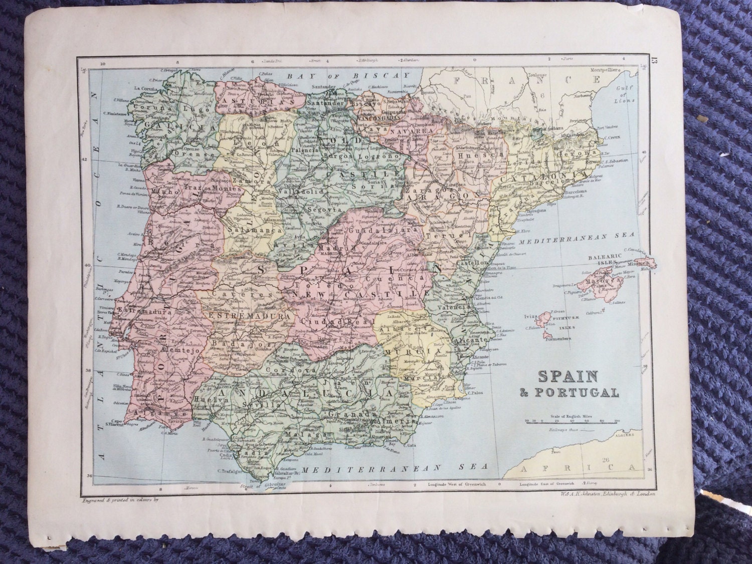 1890 SPAIN & PORTUGAL Original Antique Map, 11 x 14 inches, Johnston ...