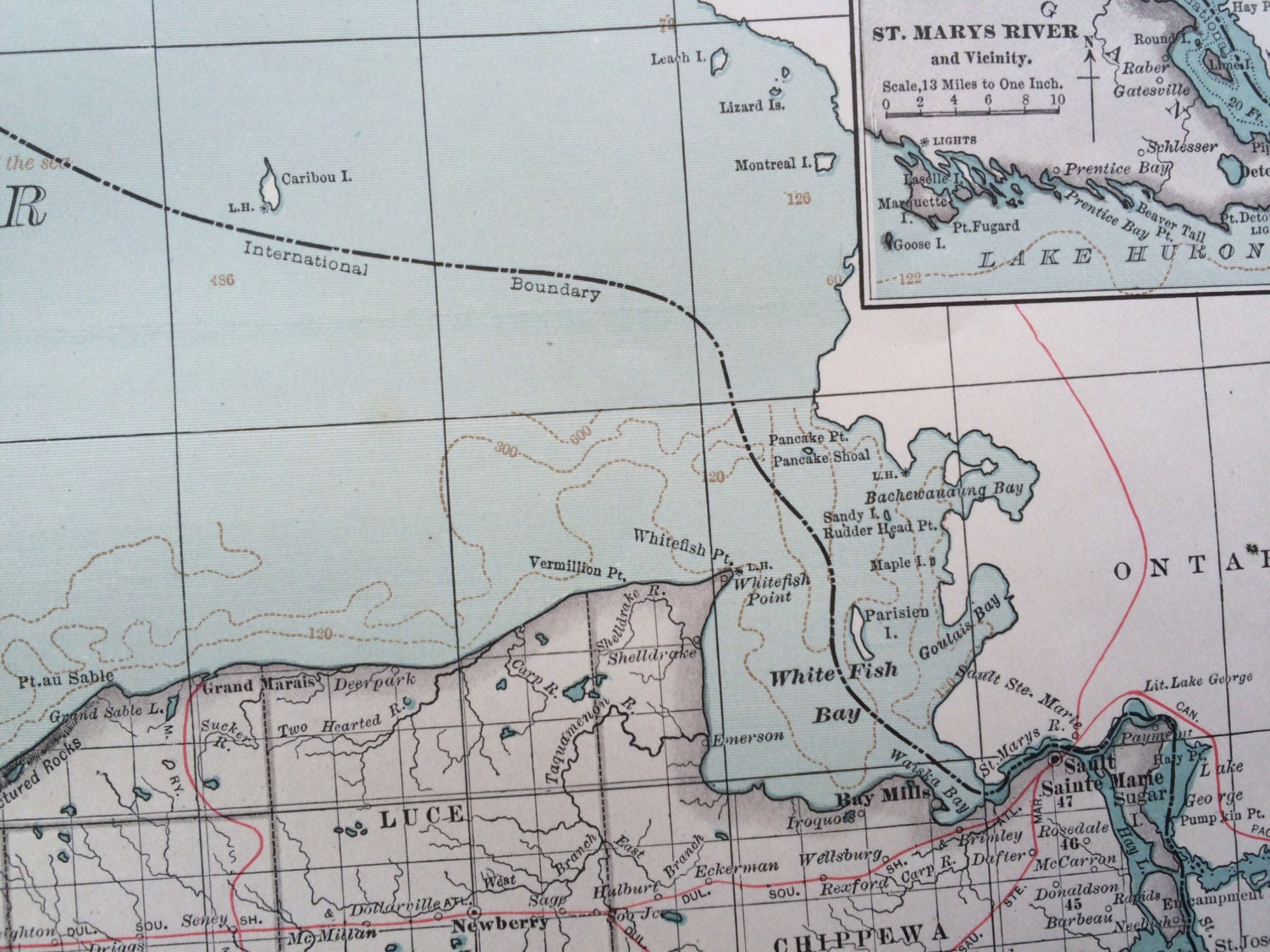 1903 North Michigan Original Antique Map with Inset map of St Mary's ...