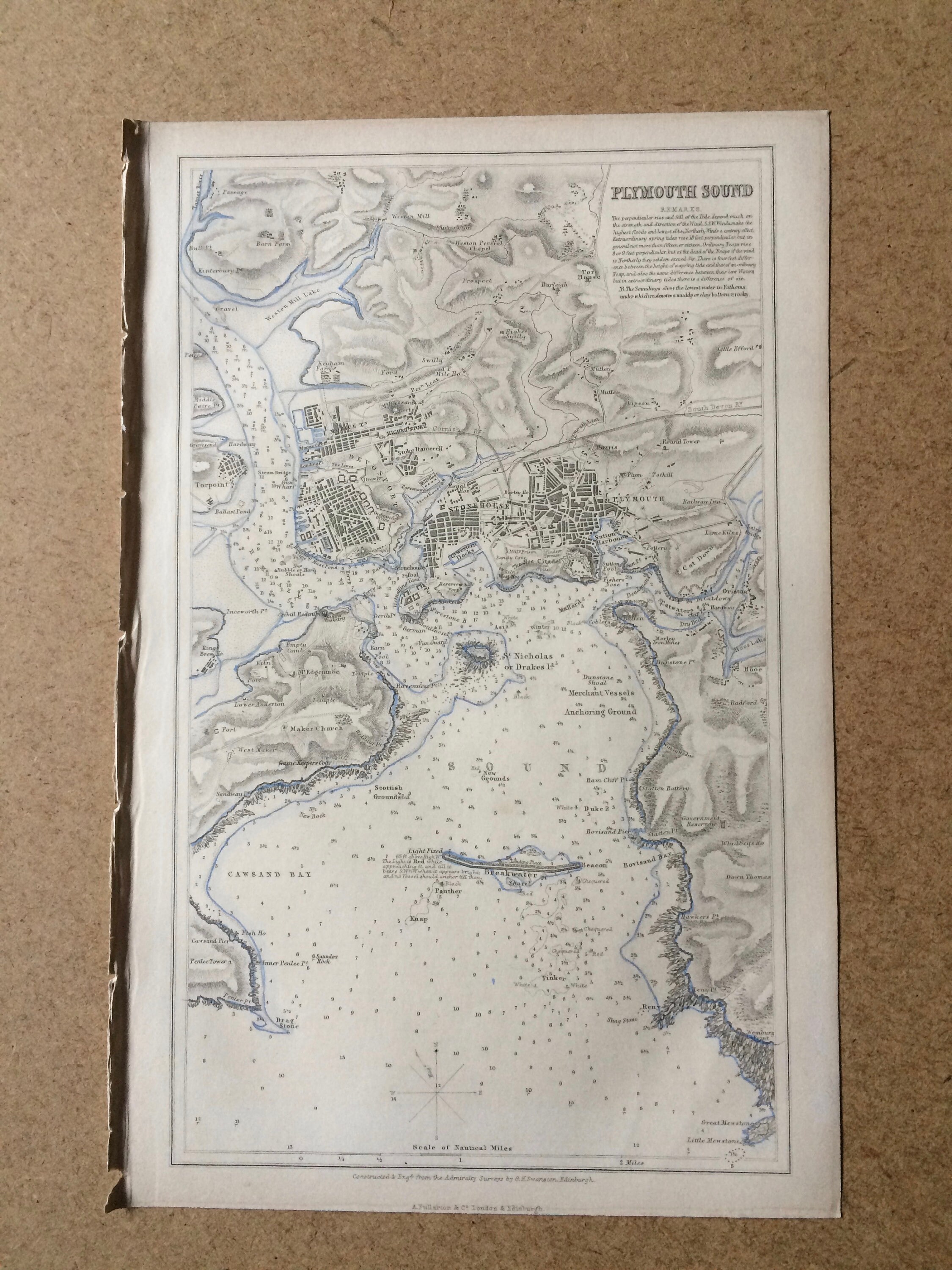 1871 Plymouth Sound Original Antique Map - Available Mounted and Matted ...