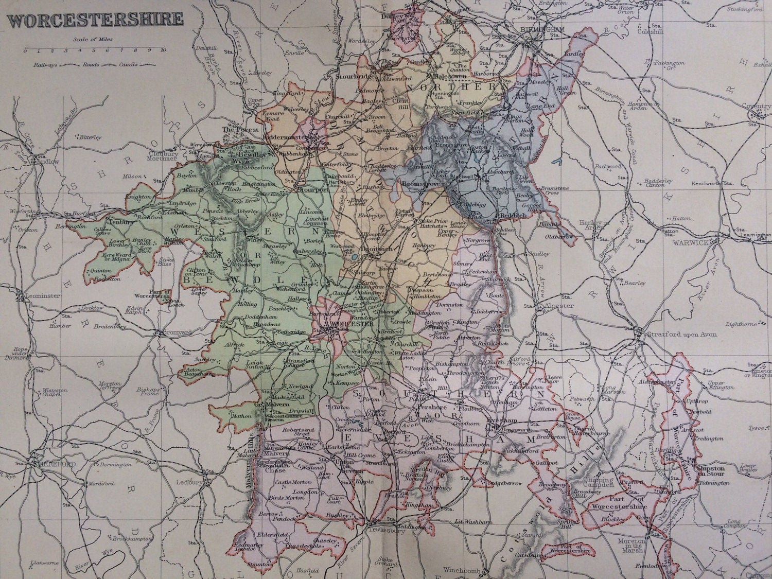 1895 WORCESTERSHIRE original antique map, english county, cartography ...