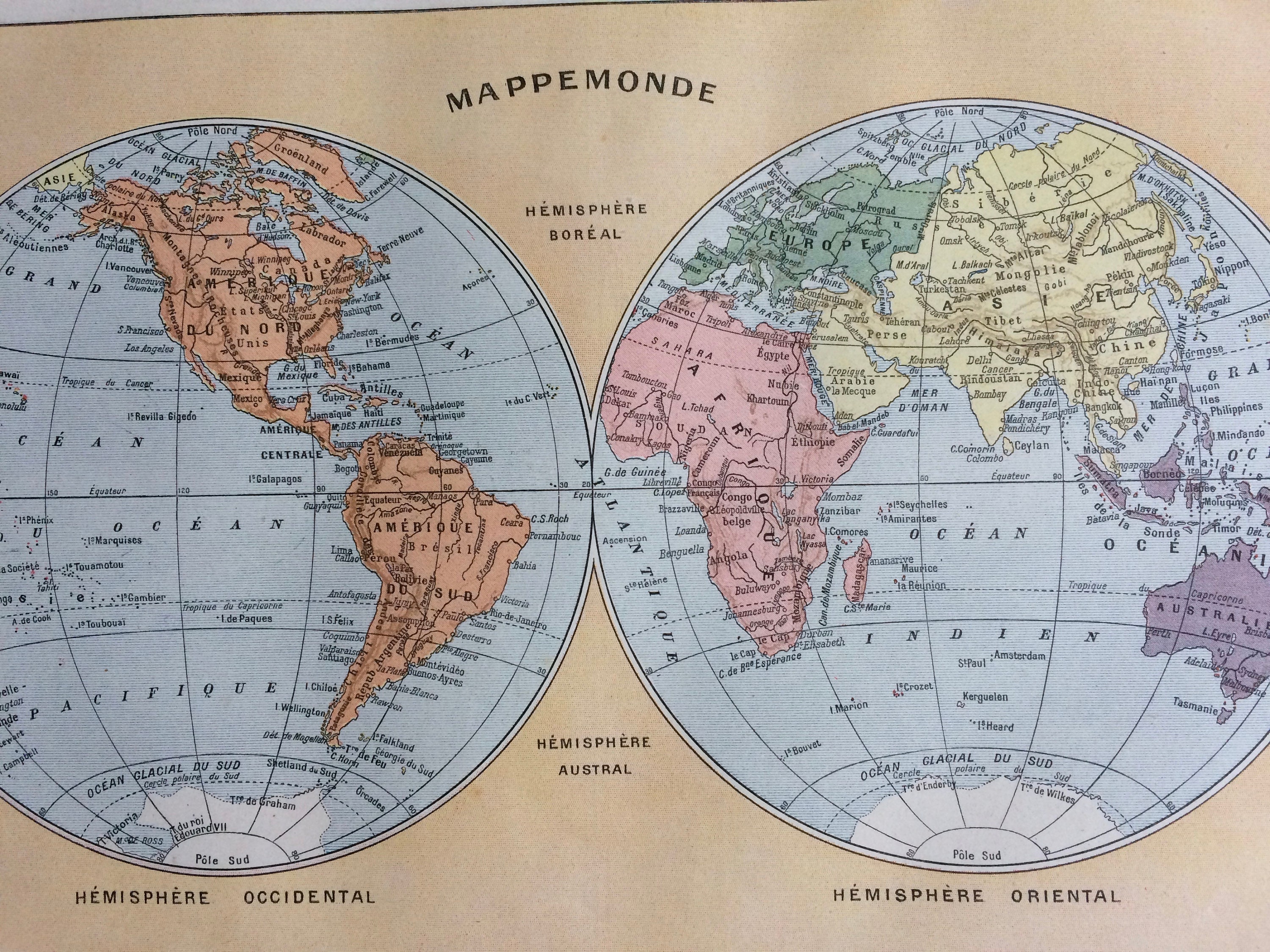 1923 The World in Hemispheres Original Antique Map - Mounted and Matted ...