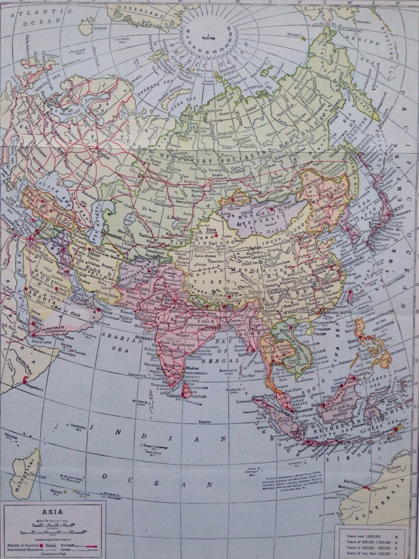 1940s ASIA Original Vintage Map Mapa del continente - Etsy México