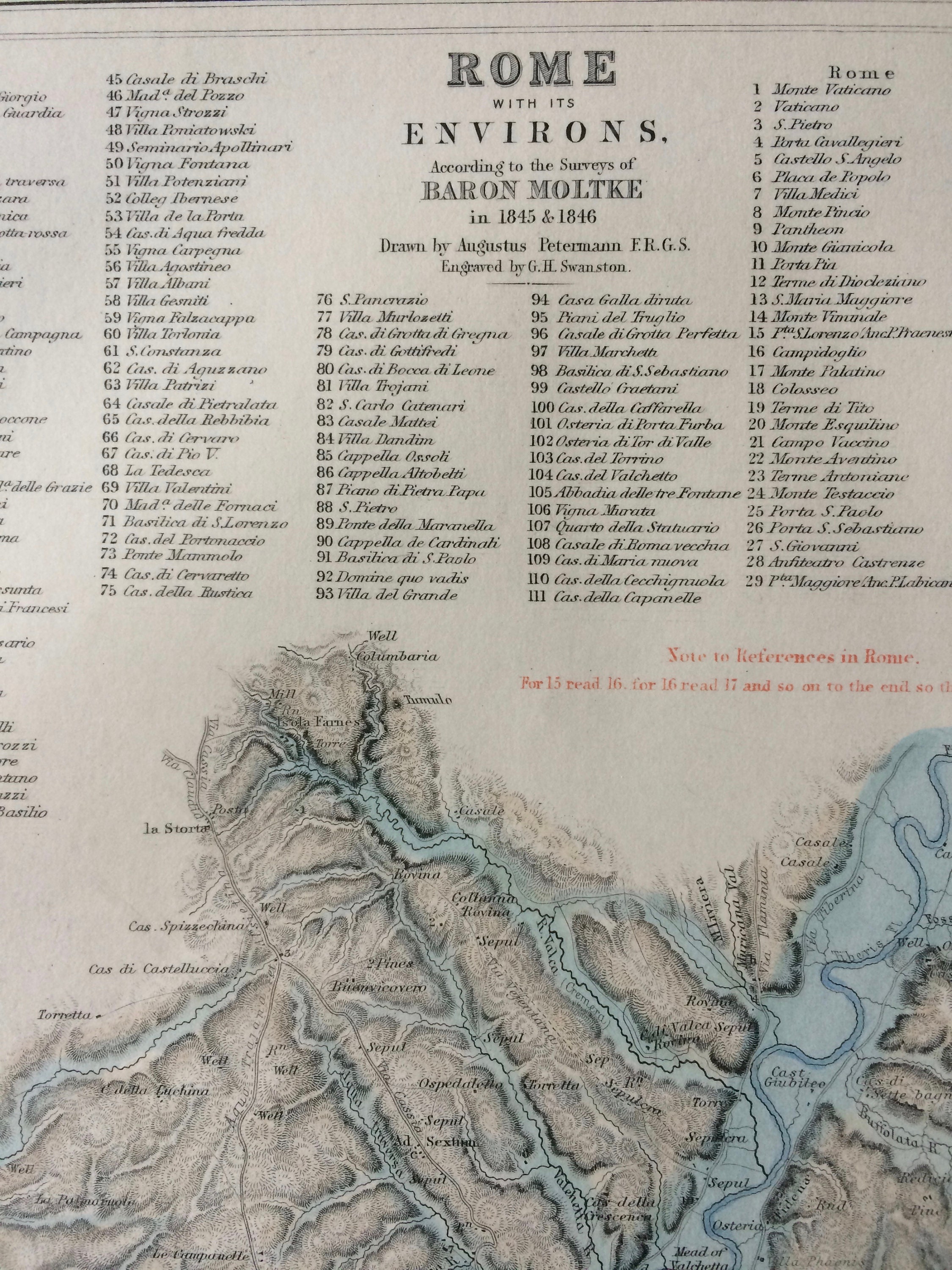 1871 Rome with its environs Original Antique Map with reference list of ...
