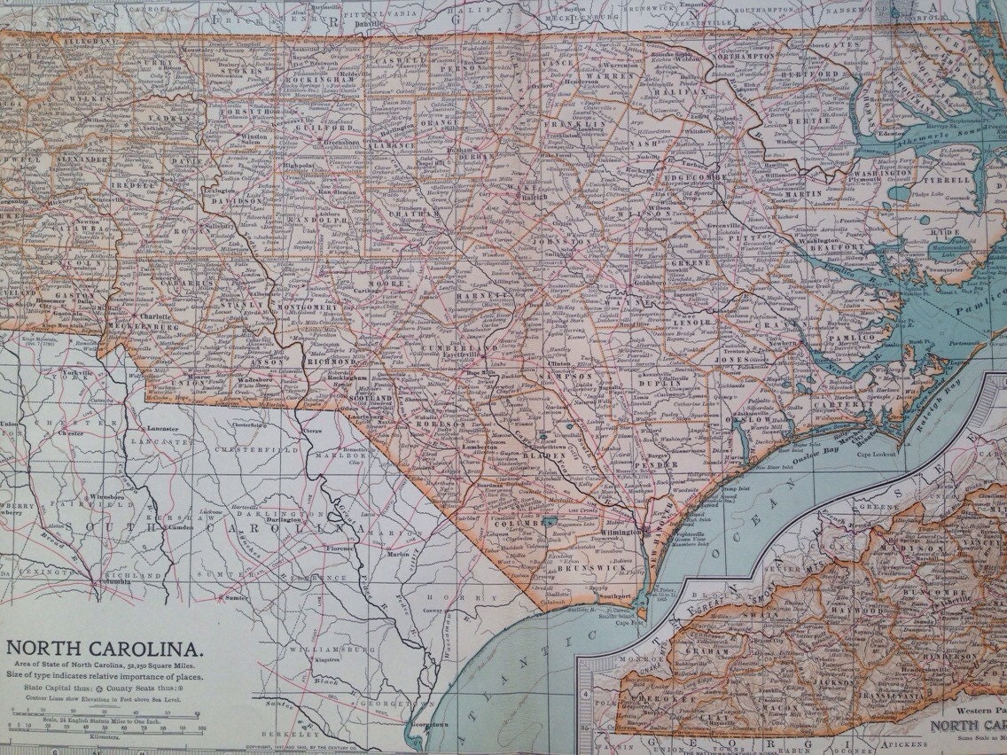 1903 North Carolina Original Large Antique Map - US State Map - NC ...