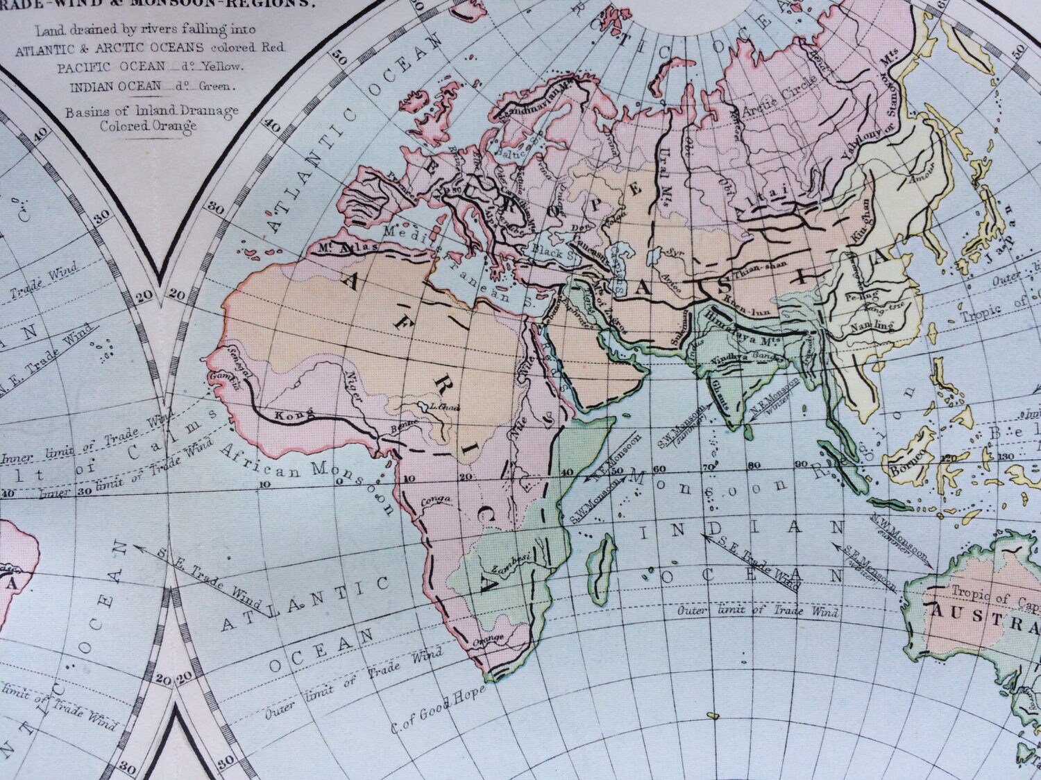 1891 Original Antique World Map Map of the World Physical Map 9 x 12 ...