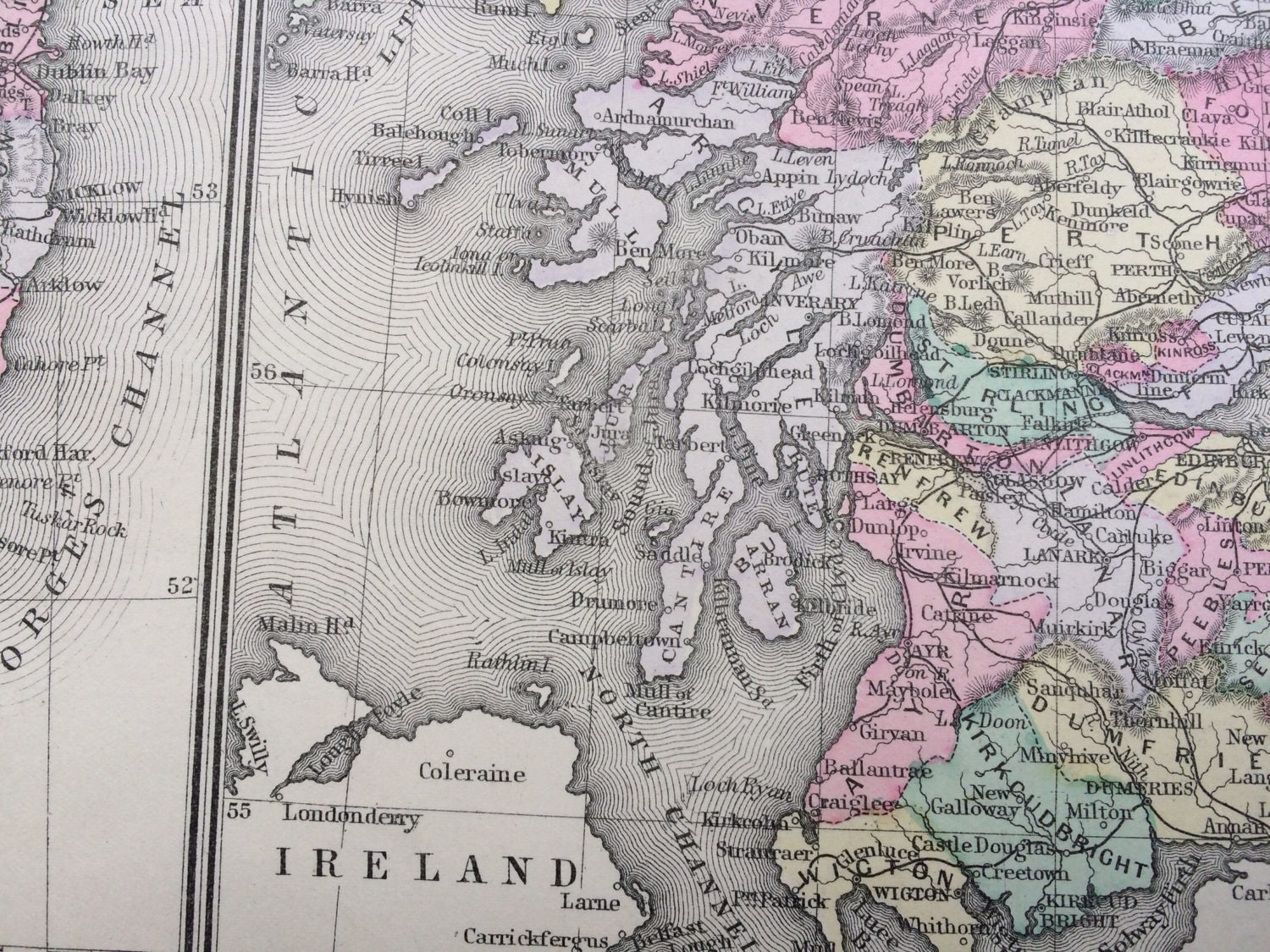 1888 IRELAND & SCOTLAND large rare original antique Mitchell Map - Wall ...