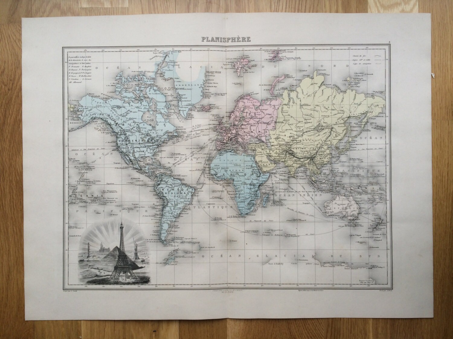 1892 PLANISPHERE original antique world map, Nouvel Atlas Illustre ...