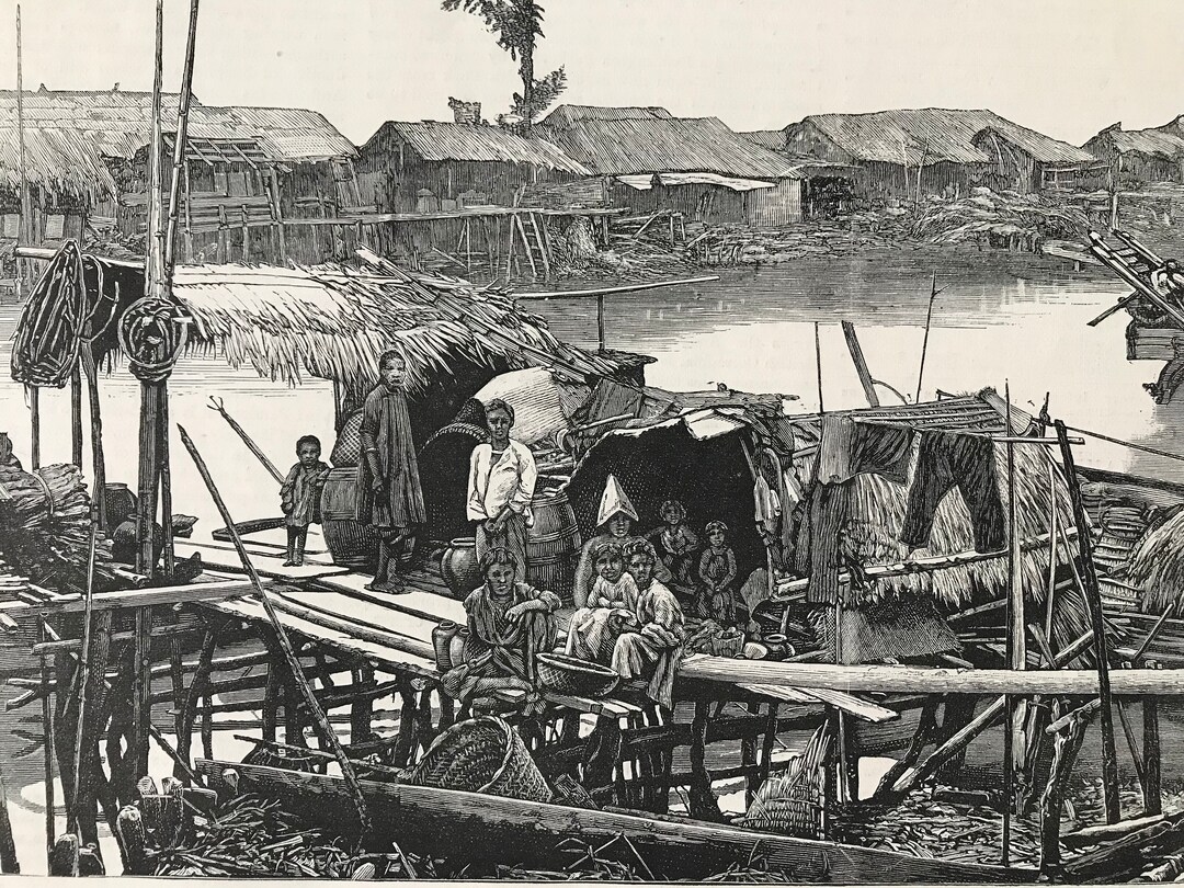 1883 Sketches in Annam - A Riverside Dwelling Original Antique Print ...