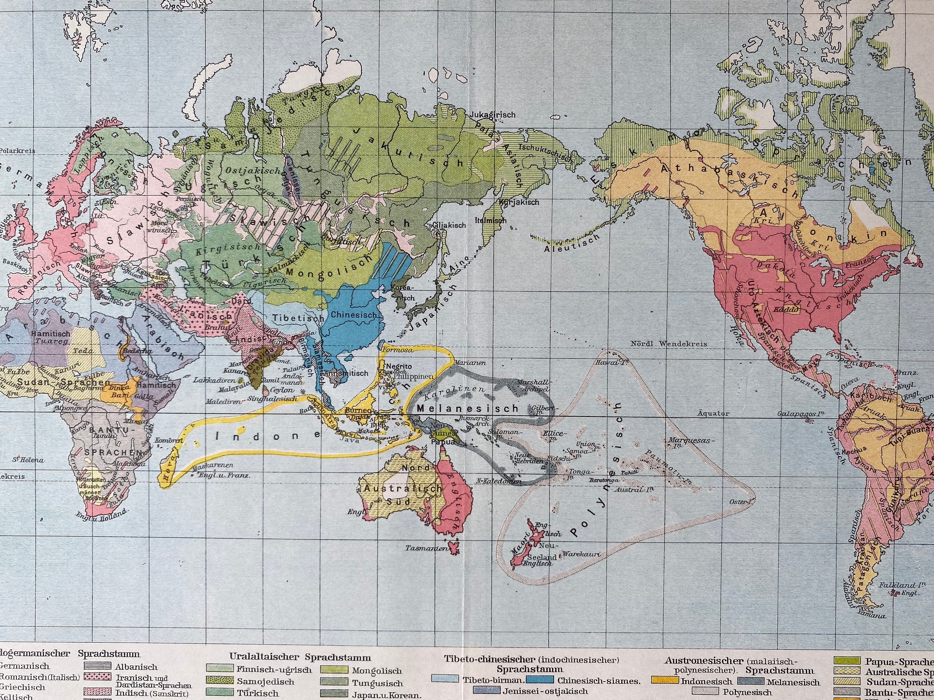 1924 Language Map Original Antique World Map showing distribution of ...