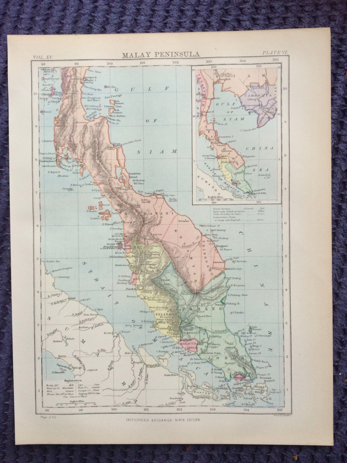 1875 MALAY PENINSULA original antique map, cartography, Malaysia ...