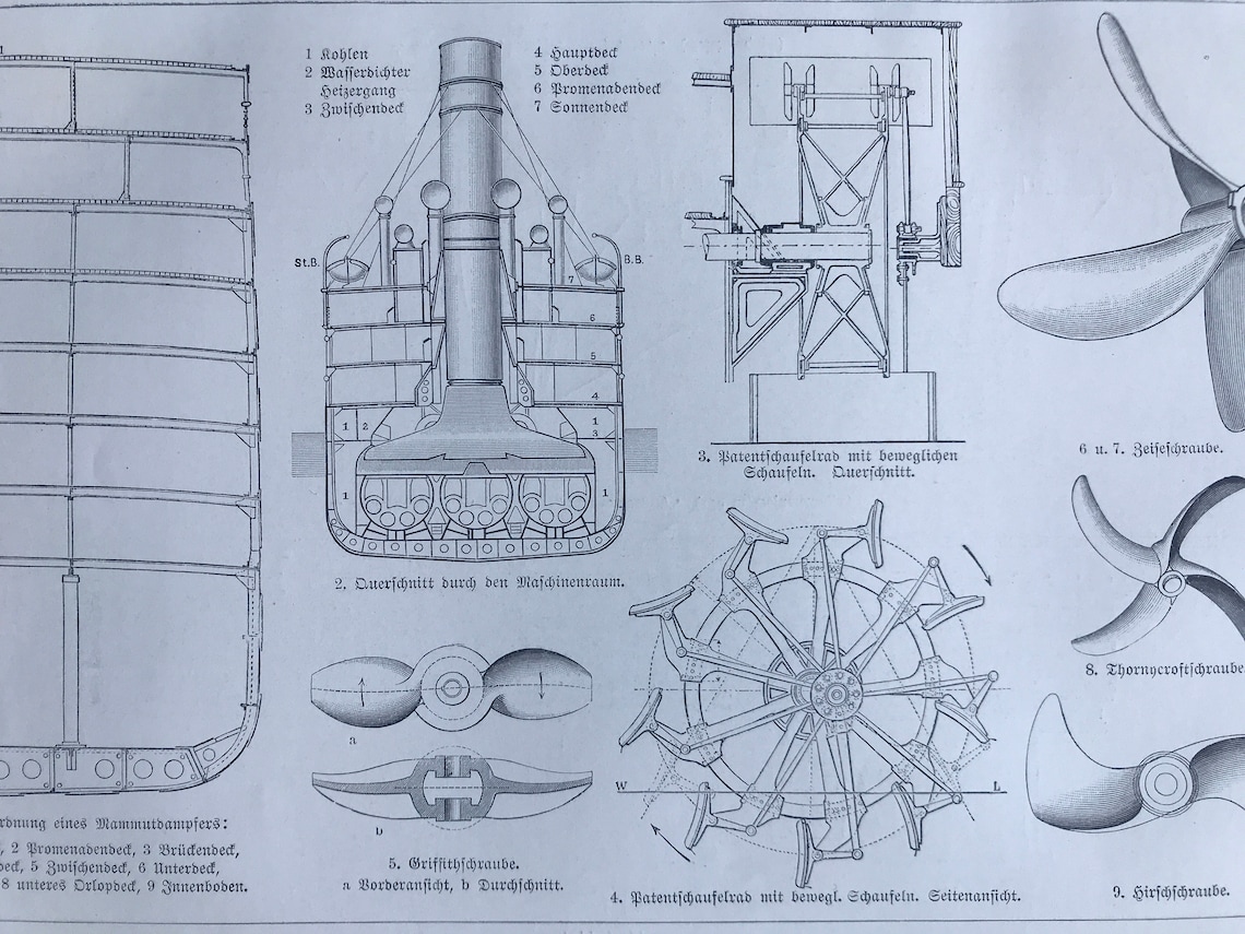 1924 Steam Ship Diagram and Propellers Original Antique Print - Etsy