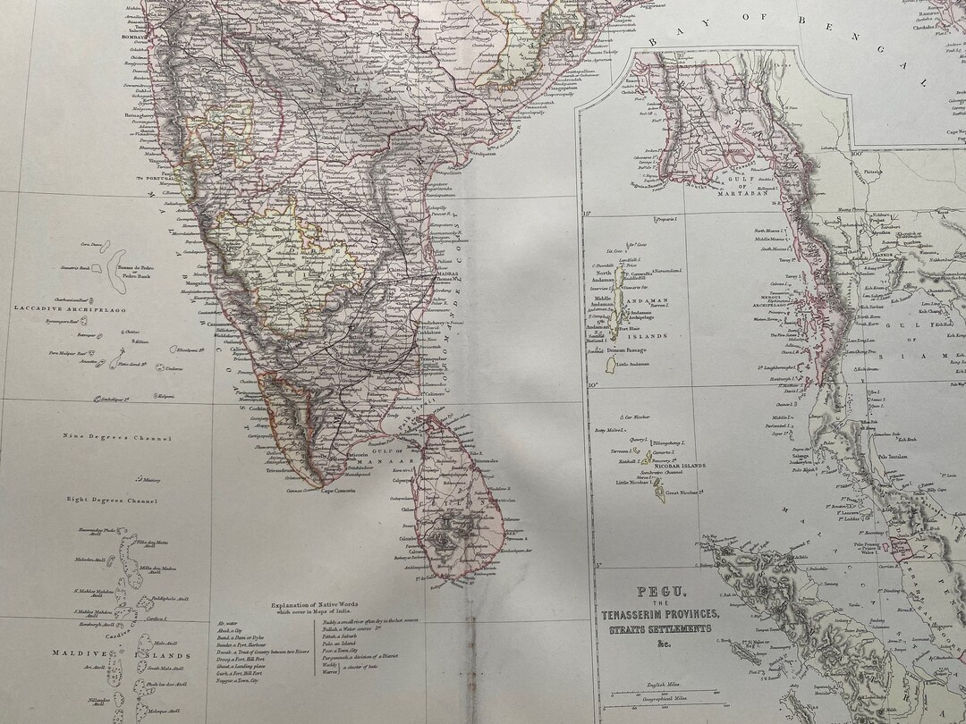 1882 Southern India Large Original Antique Map With Inet Map of Pegu ...